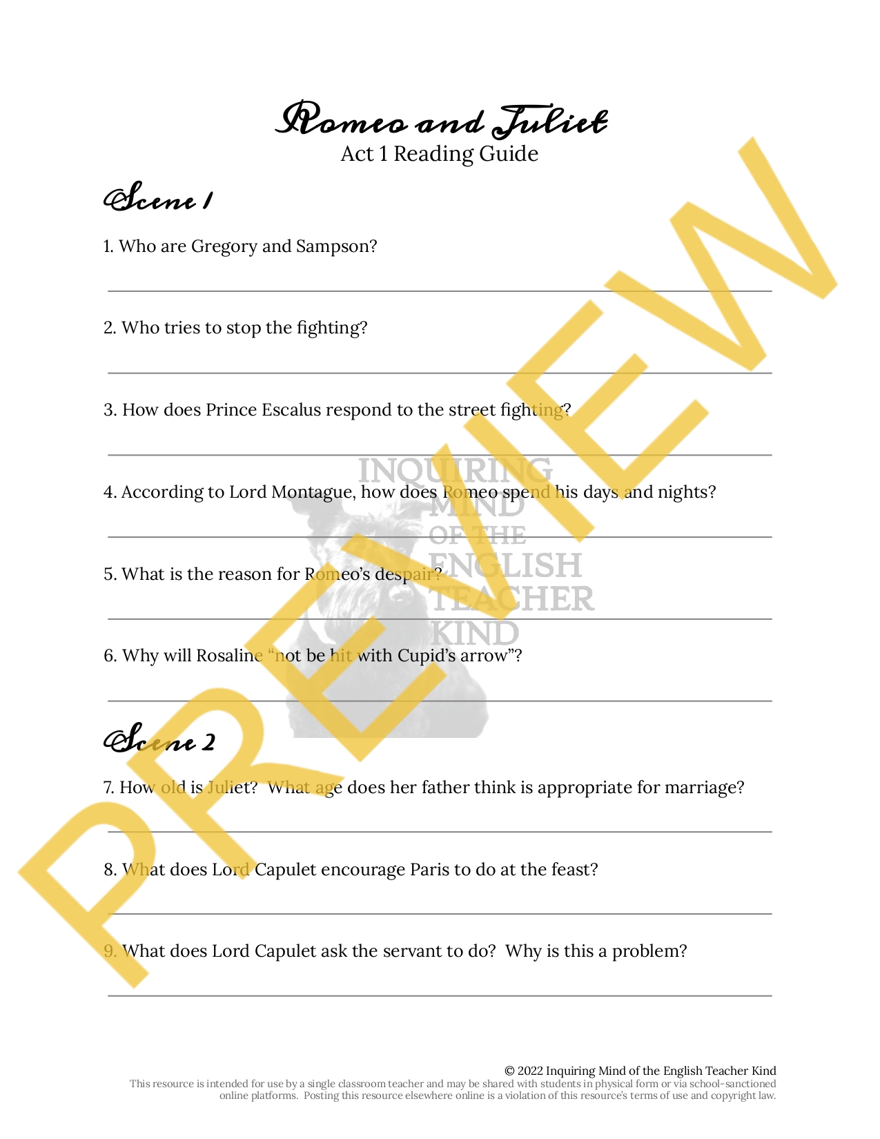 Romeo and Juliet Act 1 Reading Guide and Answer Key | Teaching Resources