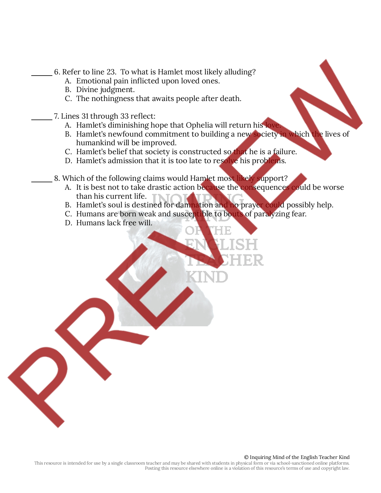 Hamlet Act 3 Scene 1 Close Reading Worksheet | Teaching Resources