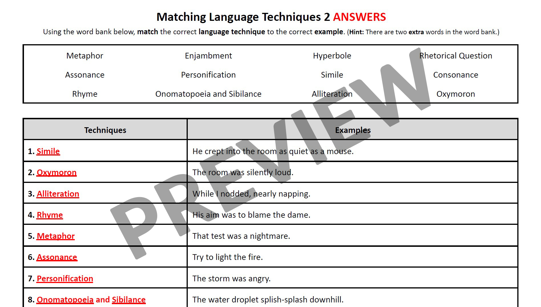 Matching Language Techniques 1 and 2 Worksheets | Teaching Resources