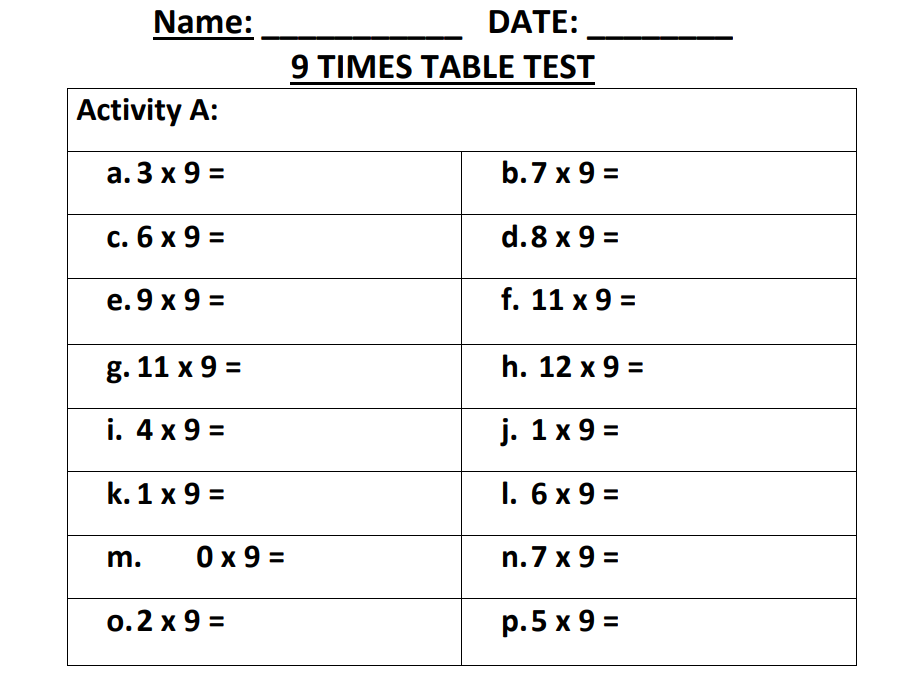 9 TIMES TABLE TEST MATHEMATICS Teaching Resources