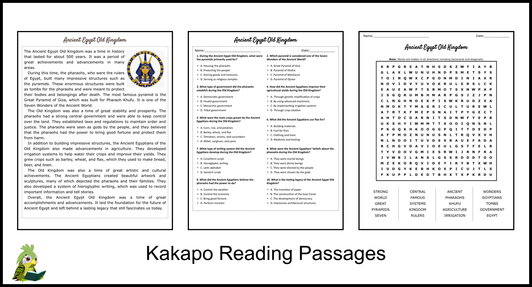 Ancient Egypt Old Kingdom Reading Comprehension and Word Search ...