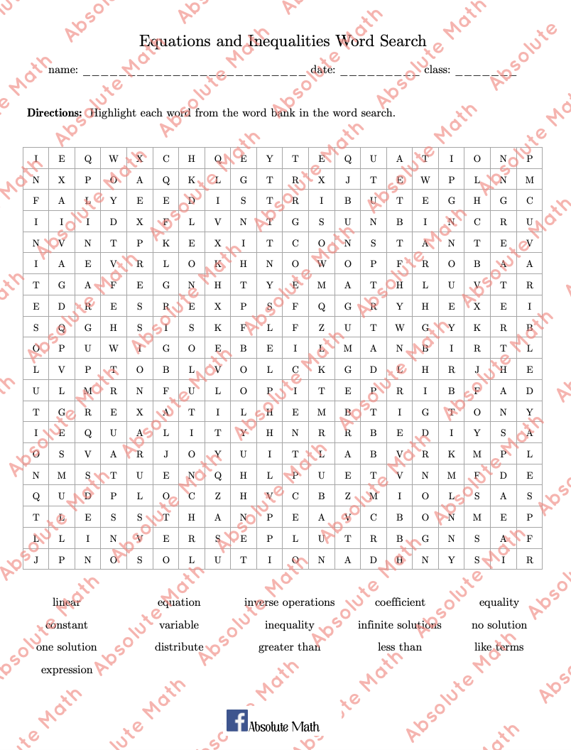 Equations and Inequalities Word Search | Teaching Resources