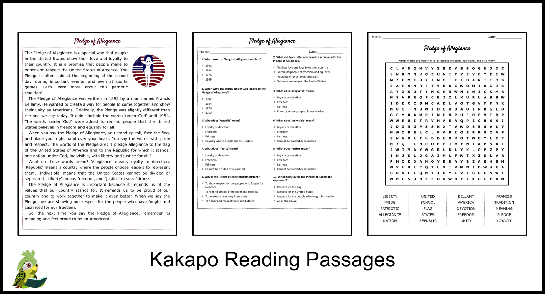 Pledge of Allegiance Reading Comprehension and Word Search | Teaching ...