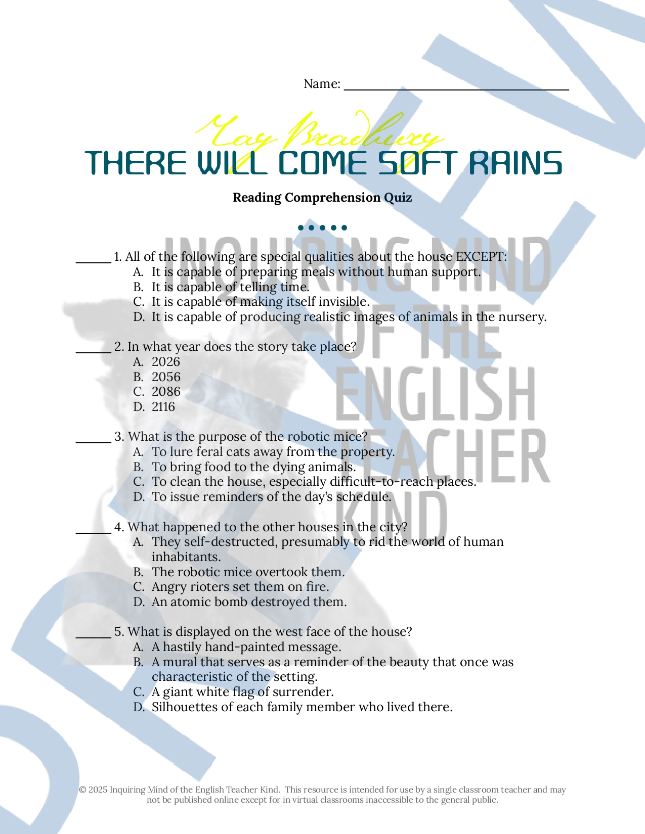 "There Will Come Soft Rains" by Ray Bradbury Quiz and Answer Key ...