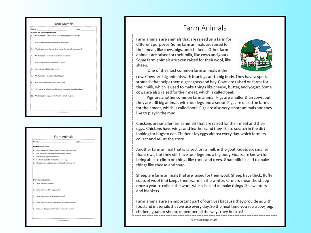 Farm Animals Reading Comprehension Passage Printable Worksheet | Teaching Resources
