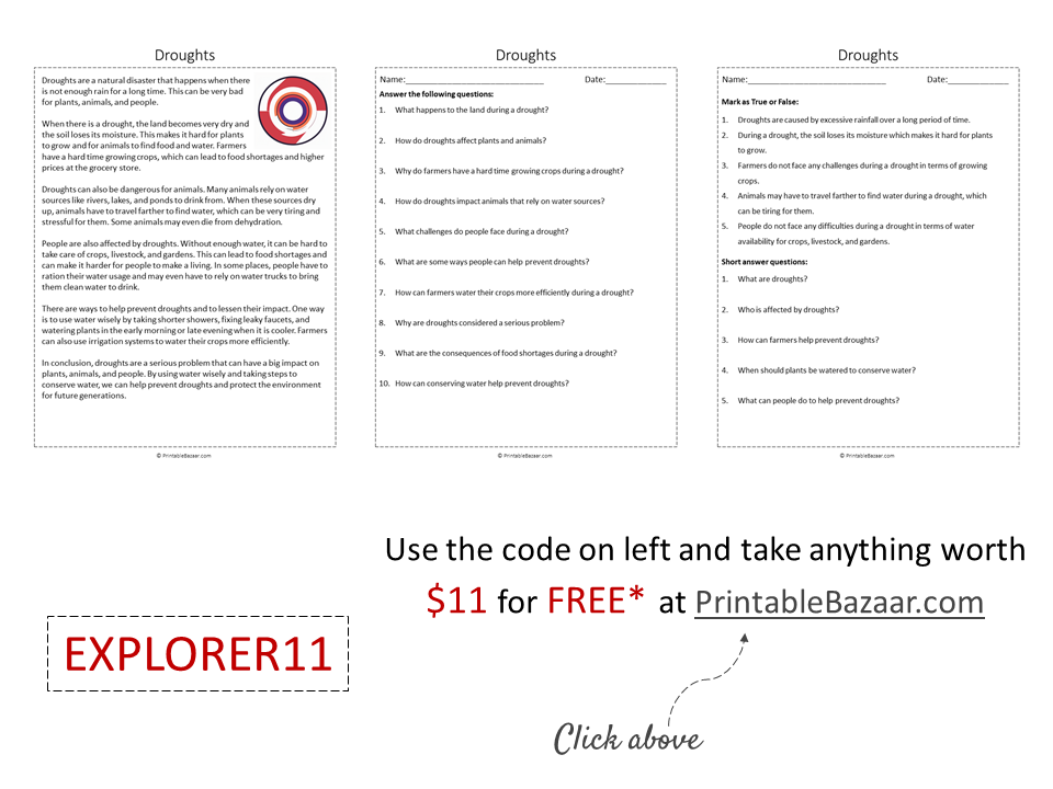 Droughts Reading Comprehension Passage Printable Worksheet | Teaching ...