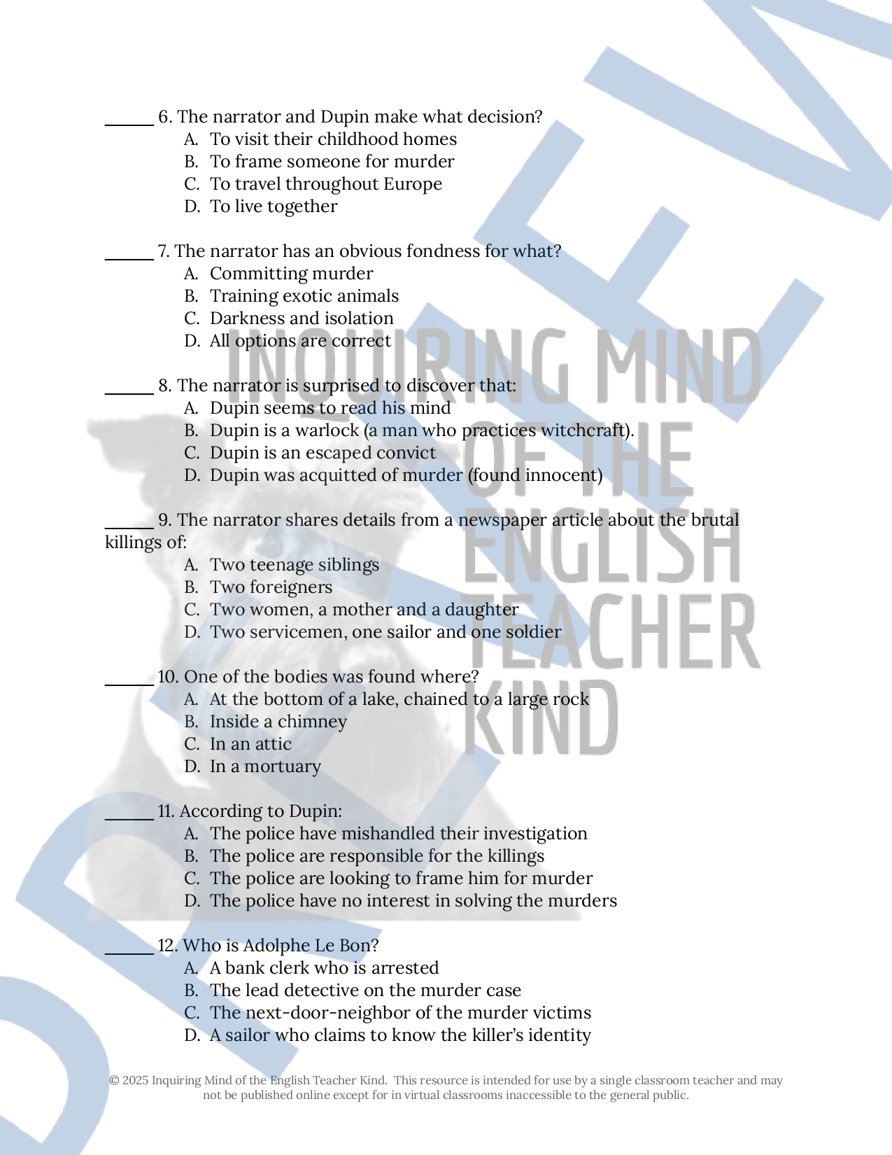 "The Murders in the Rue Morgue" by Edgar Allan Poe Quiz and Answer Key ...