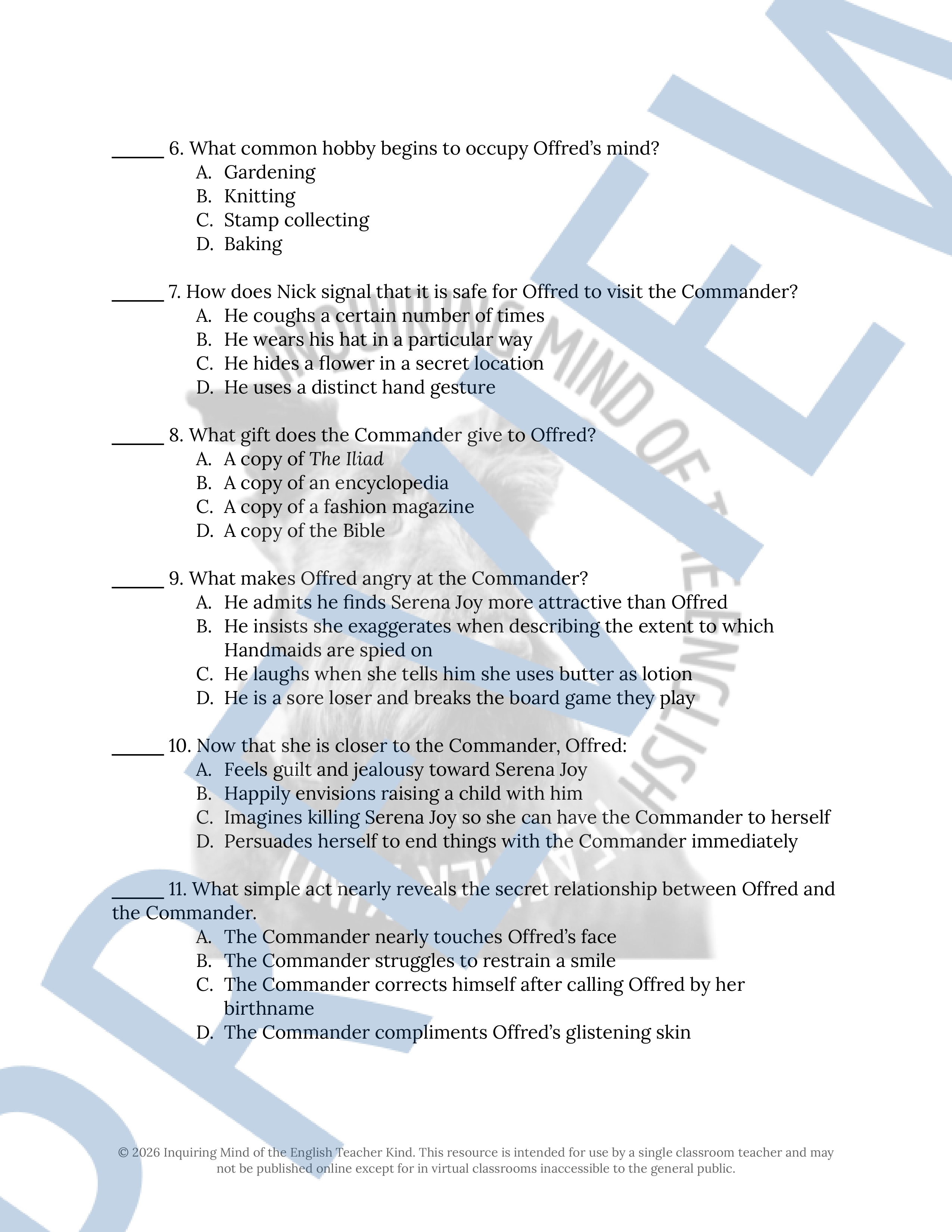 The Handmaid's Tale Chapters 24, 25, 26, and 27 Quiz and Answer Key ...