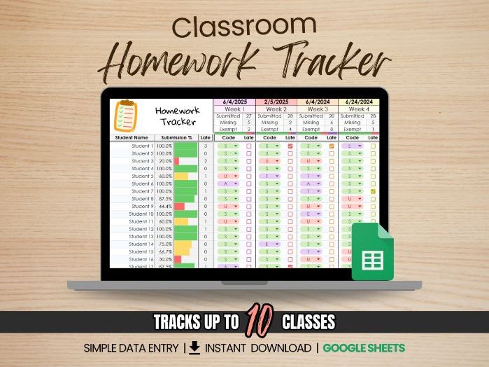 Teacher Homework and Assignment Tracker Digital Spreadsheet Editable ...