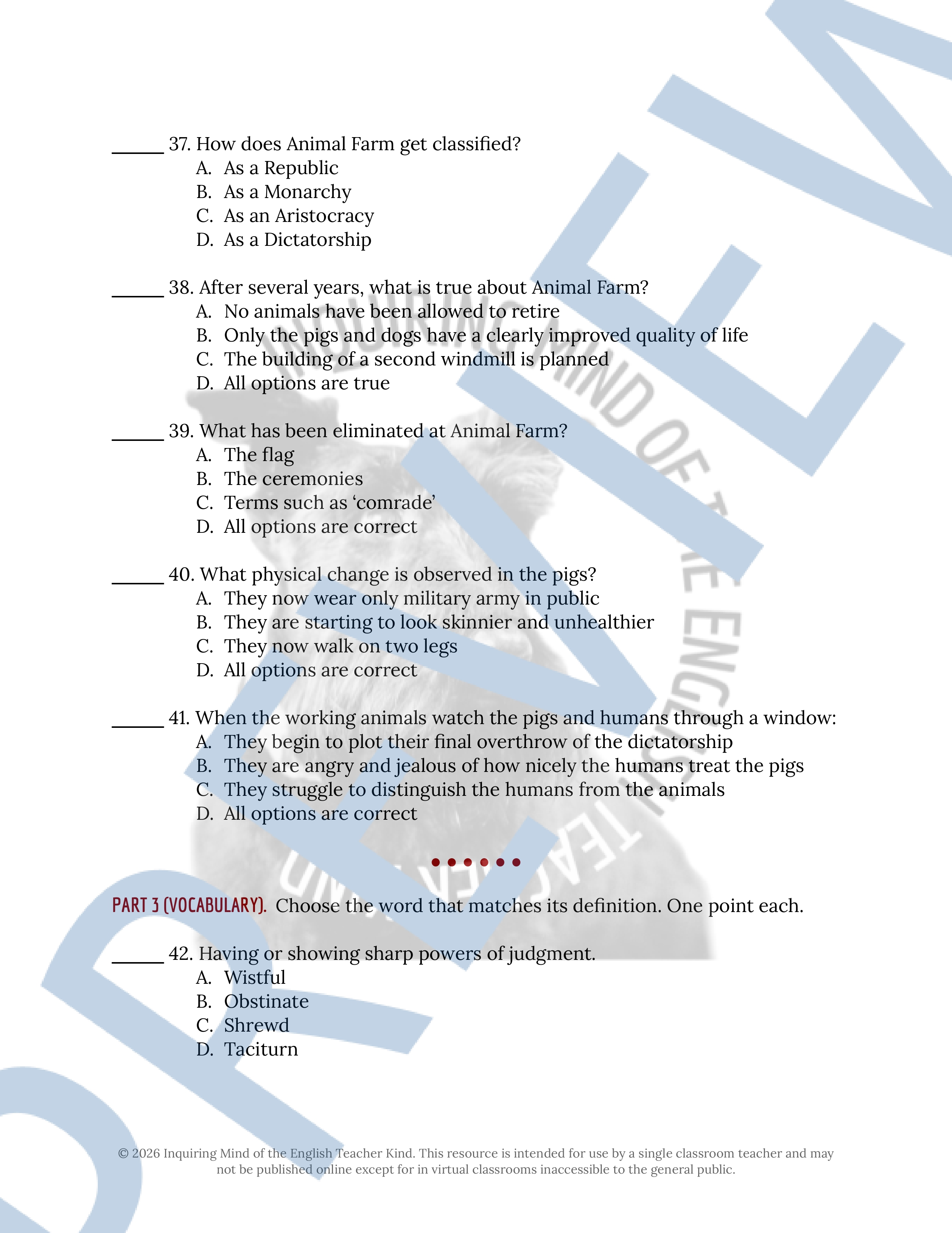 Animal Farm Test and Answer Key with Study Guide and Essay Rubric ...