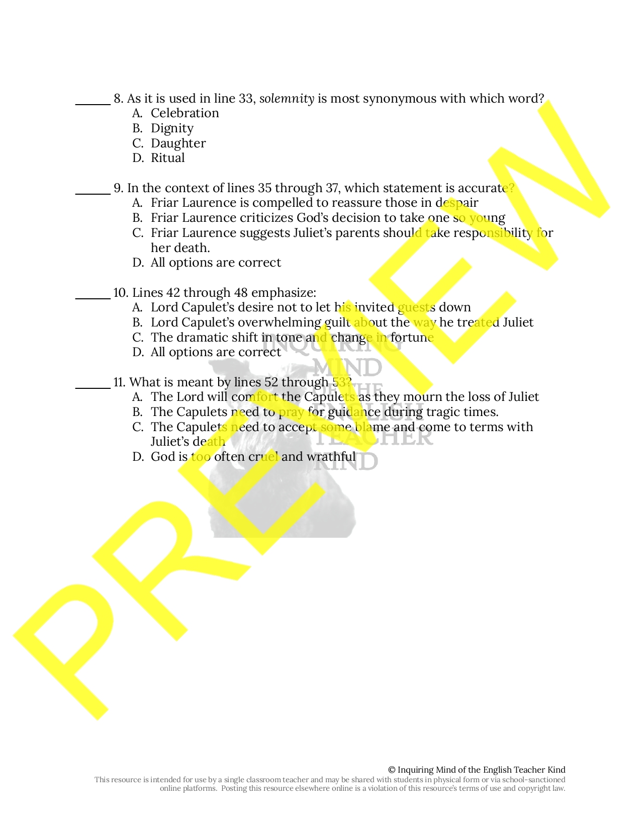 Romeo and Juliet Act 4 Scene 5 Close Reading Worksheet | Teaching Resources