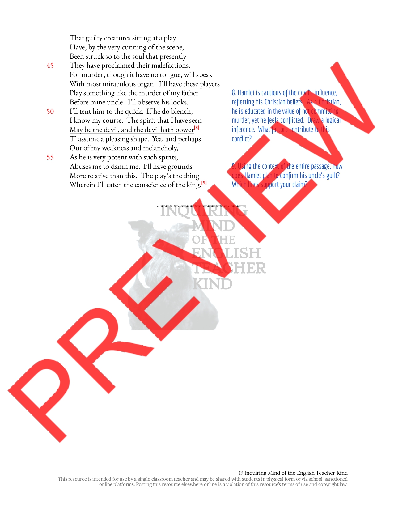 Hamlet Act 2 Scene 2 Close Reading Worksheet | Teaching Resources