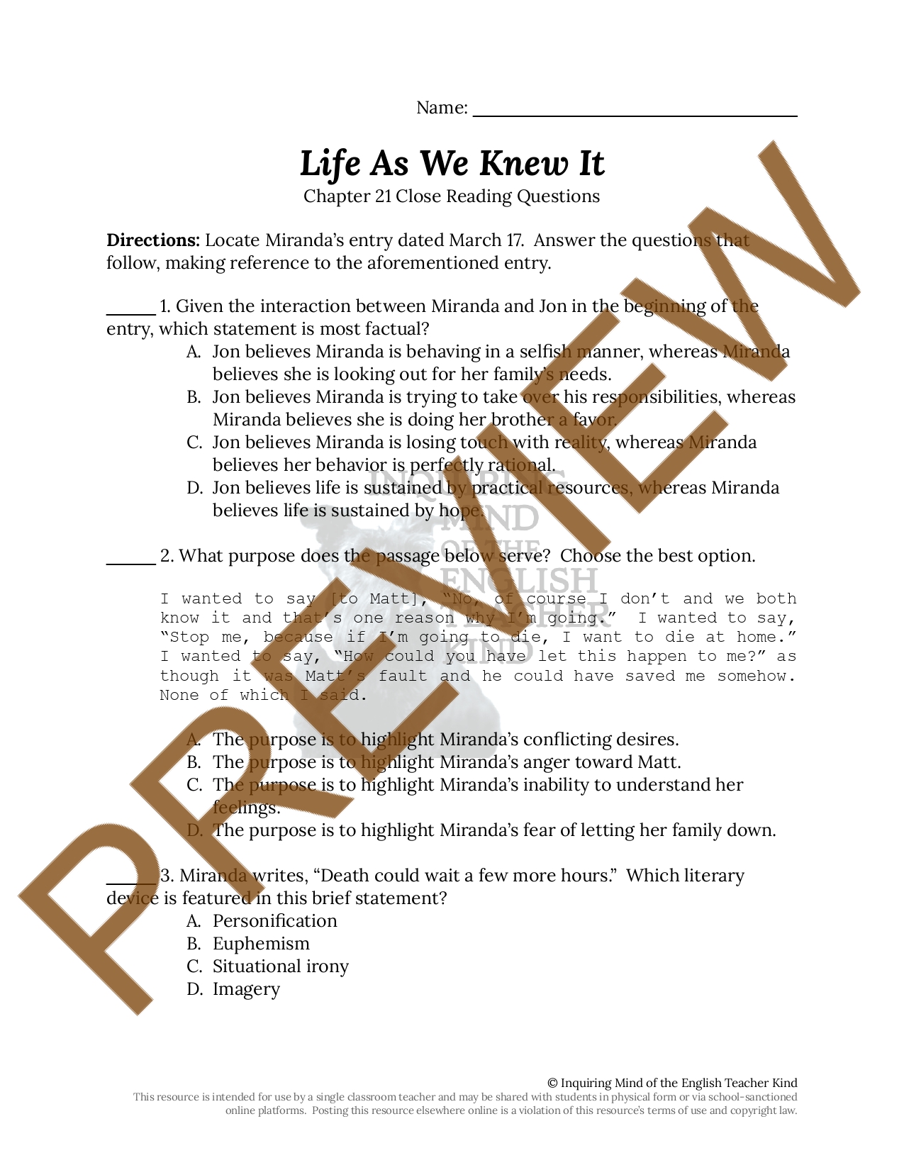 Life As We Knew It Chapter 21 Close Reading Worksheet | Teaching Resources