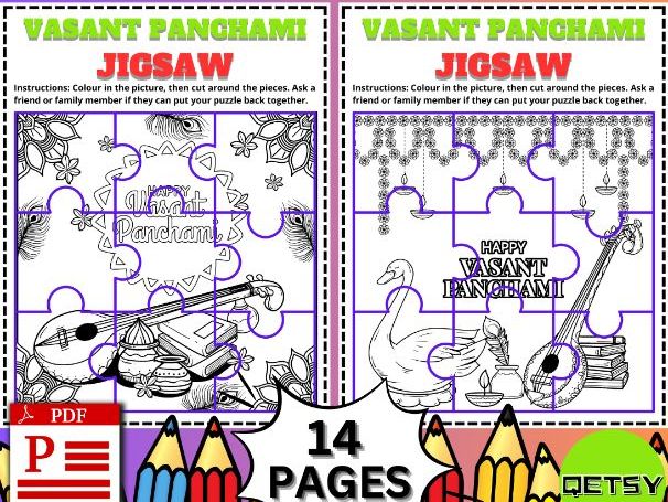 Vasant Panchami Jigsaw Coloring Puzzles | 14 Printable Cut and Color ...