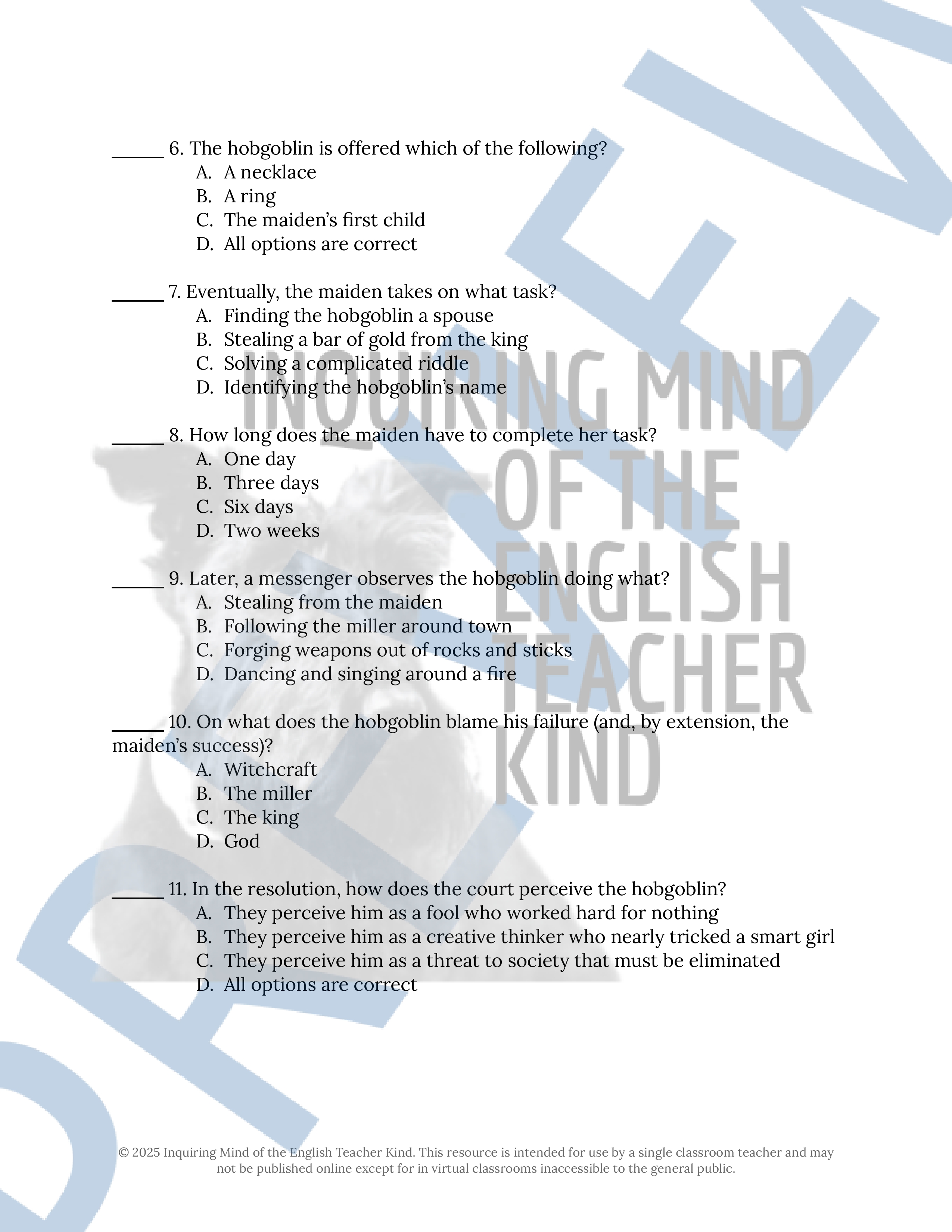 "Rumpelstiltskin" Quiz and Answer Key (Grimm's Fairy Tale | Fantasy ...
