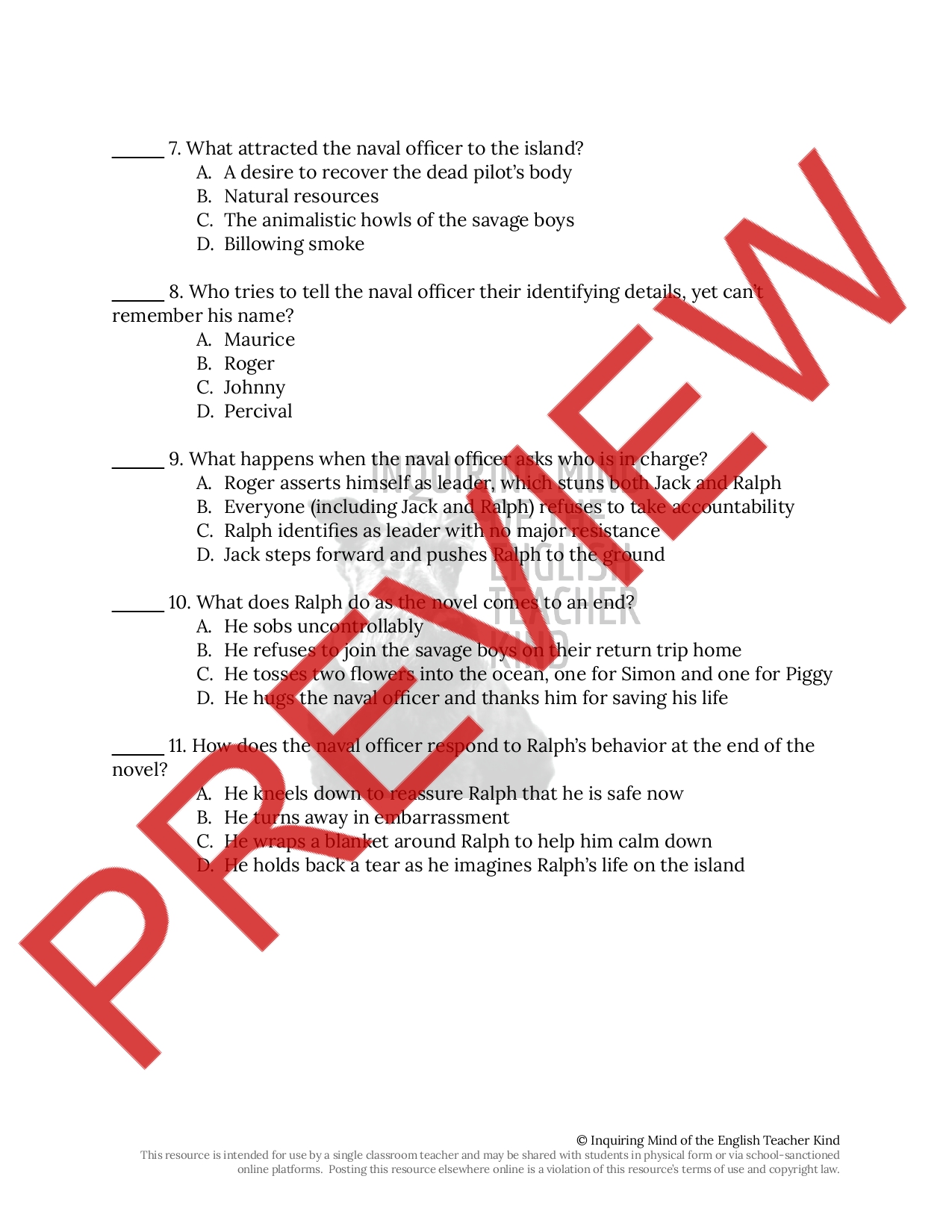 Lord of the Flies Chapter 12 Quiz and Answer Key | Teaching Resources