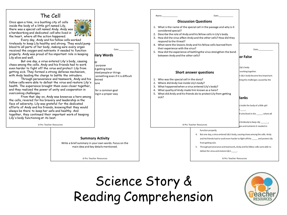 The Cell Reading Science Story Comprehension Questions Worksheet ...