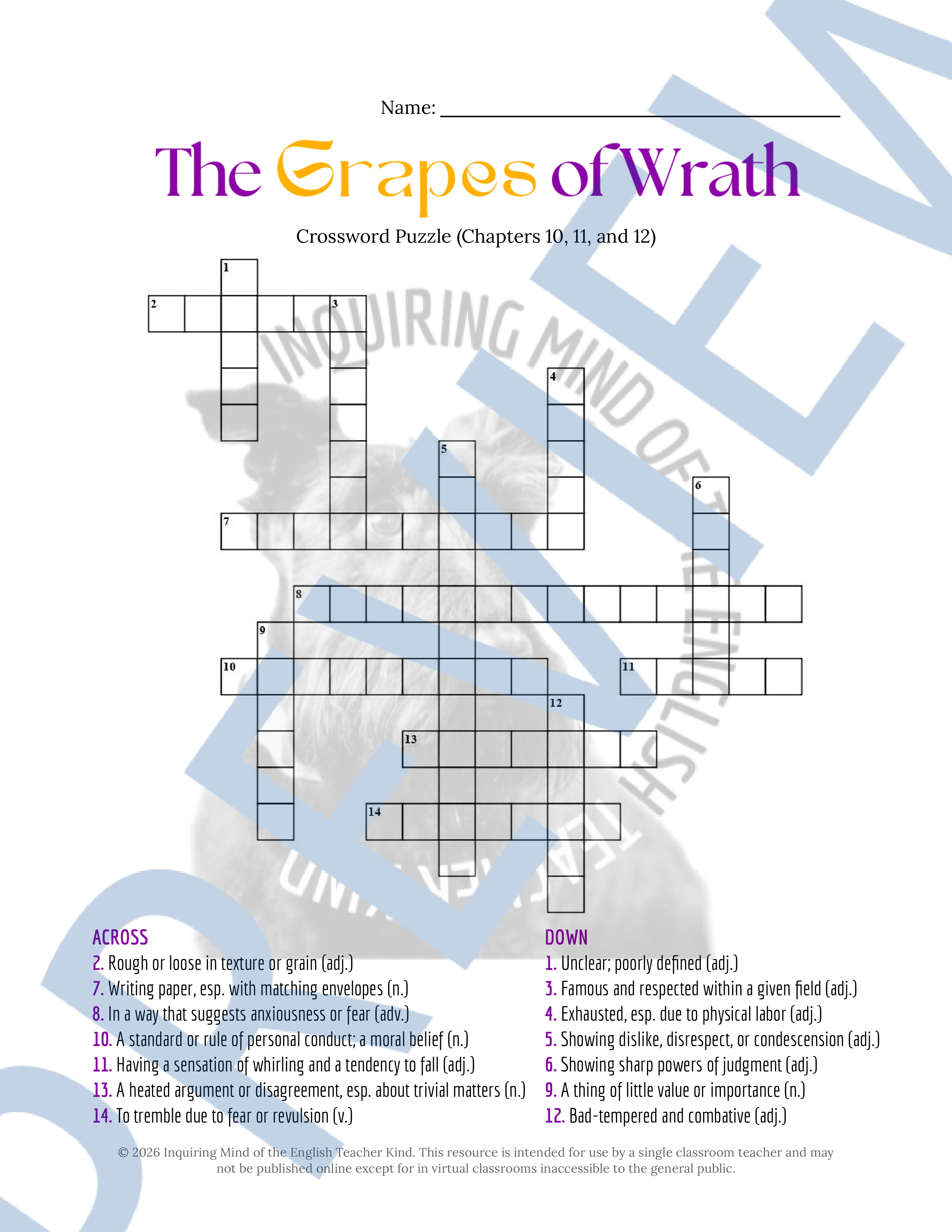 The Grapes of Wrath Chapters 10, 11 & 12 Vocabulary Worksheet ...
