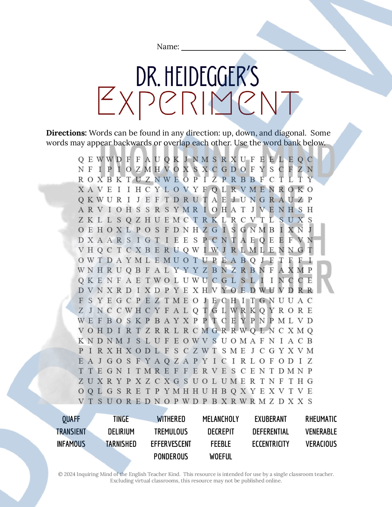"Dr. Heidegger's Experiment" by Nathaniel Hawthorne Vocabulary ...