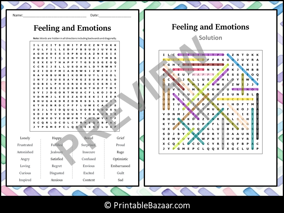 Feeling and Emotions Word Search Puzzle Worksheet Activity | Teaching ...