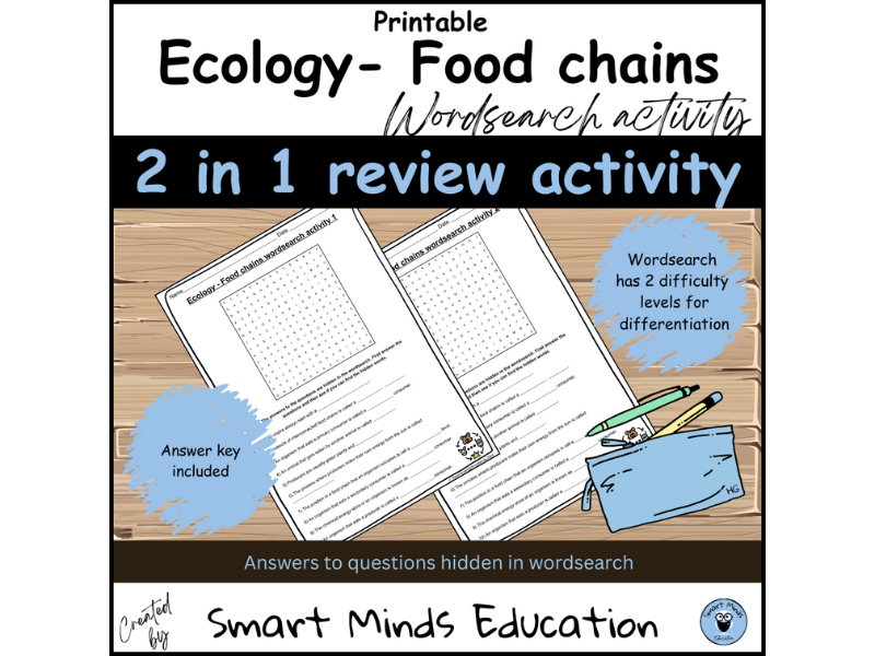 ECOLOGY - FOOD CHAINS WORKSHEET AND WORDSEARCH REVIEW ACTIVITY ...