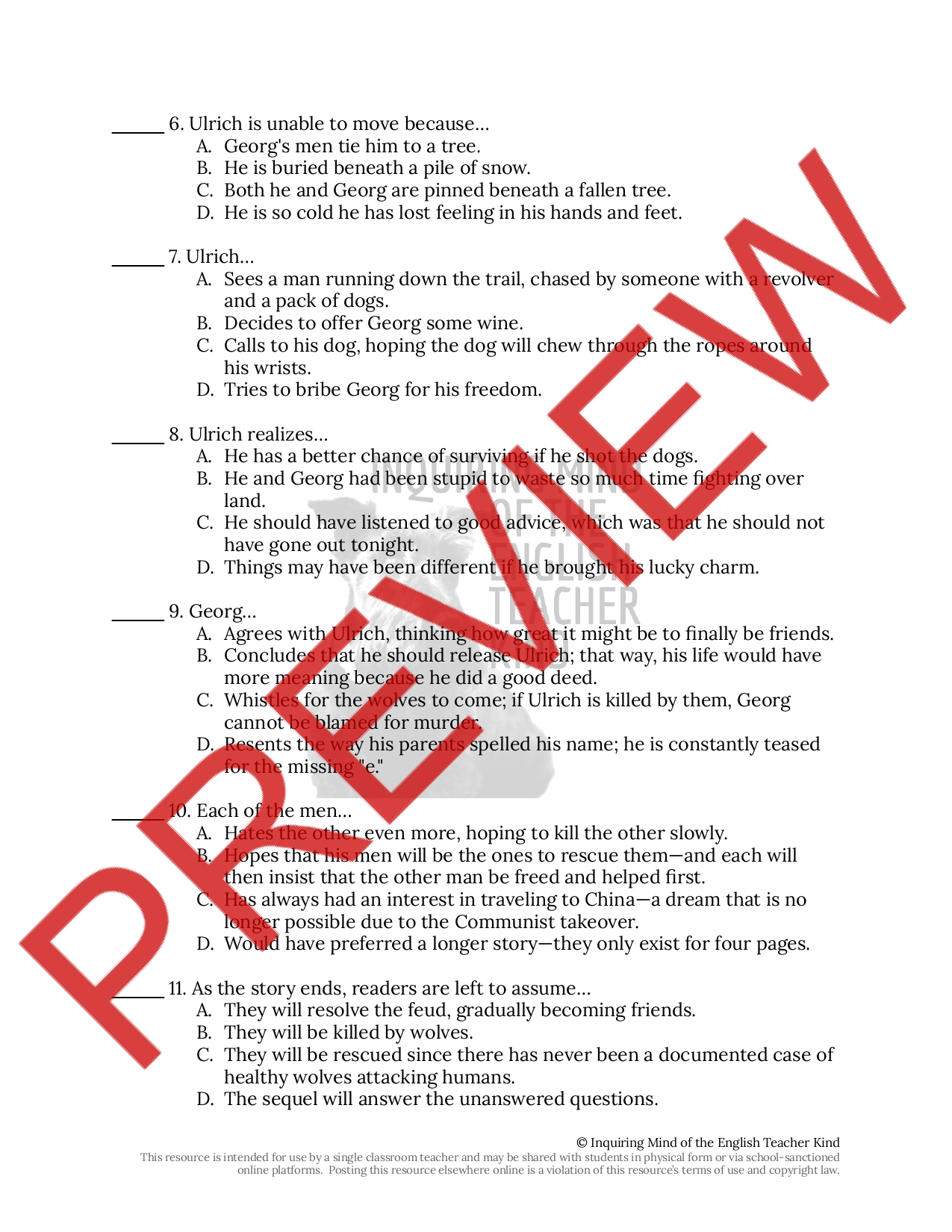 "The Interlopers" by Saki Quiz and Answer Key | Teaching Resources