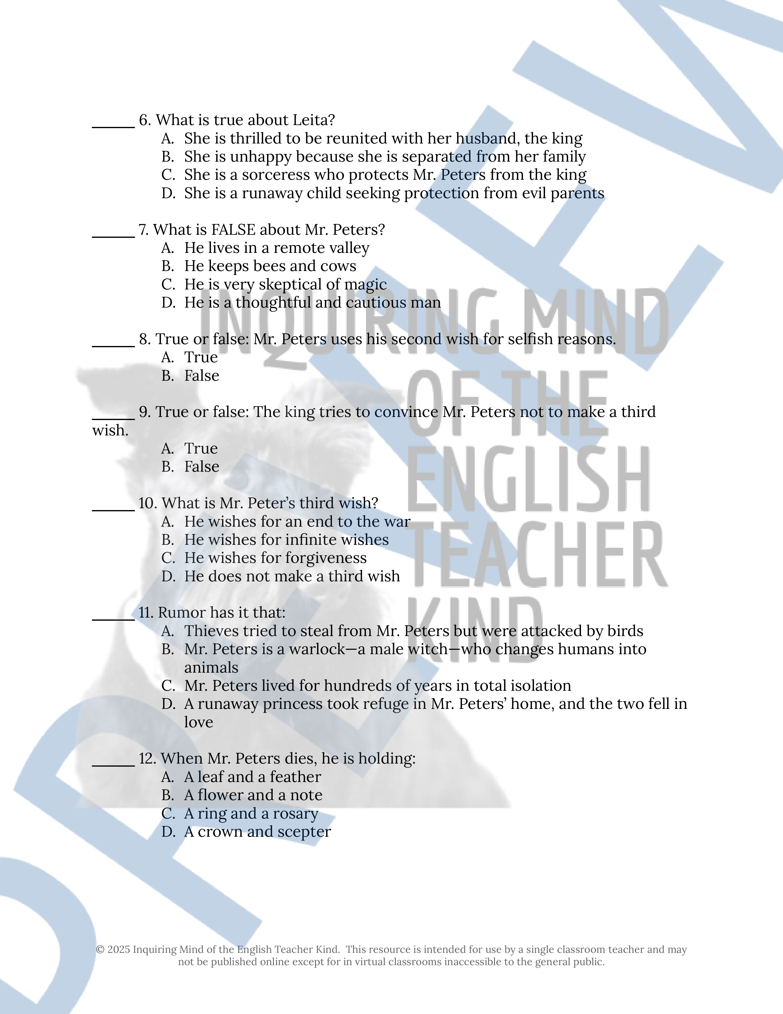 "The Third Wish" by Joan Aiken Quiz and Answer Key | Teaching Resources