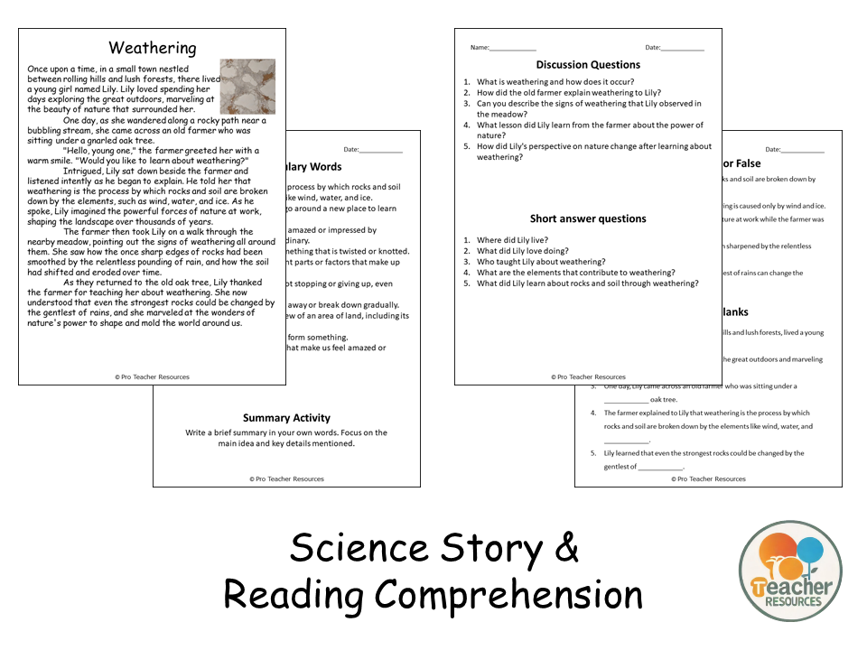 Weathering Reading Science Story Comprehension Questions Worksheet ...