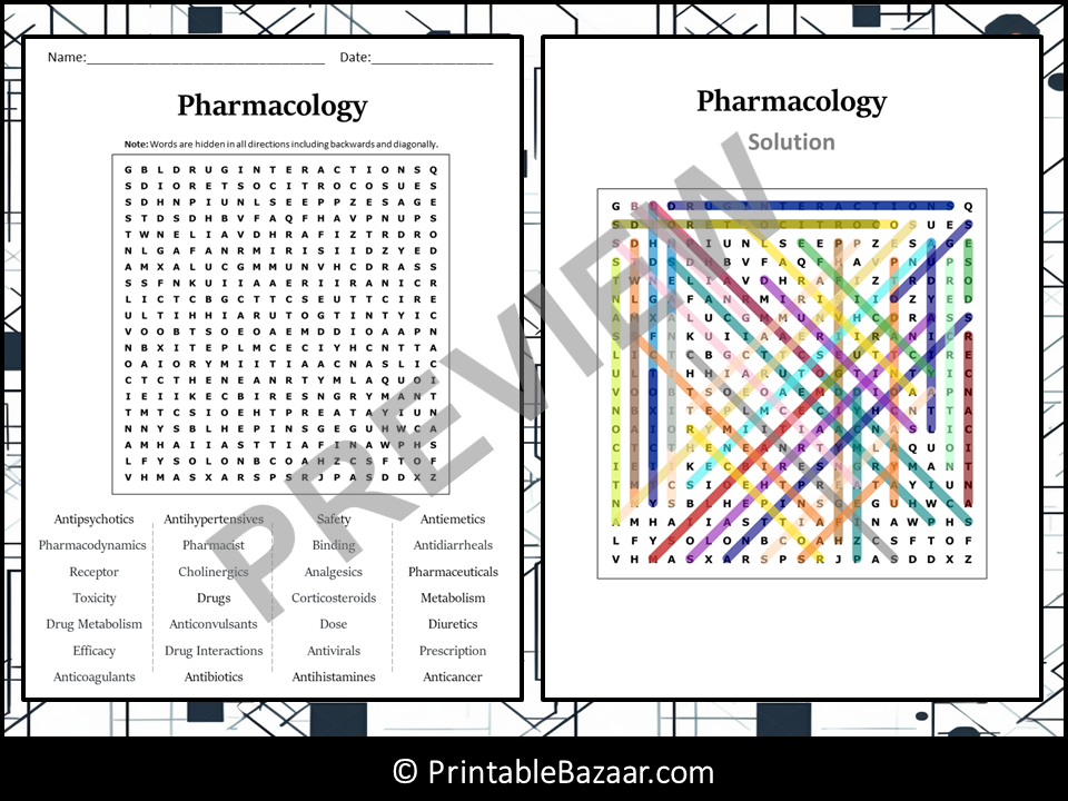 Pharmacology Word Search Puzzle Worksheet Activity | Teaching Resources