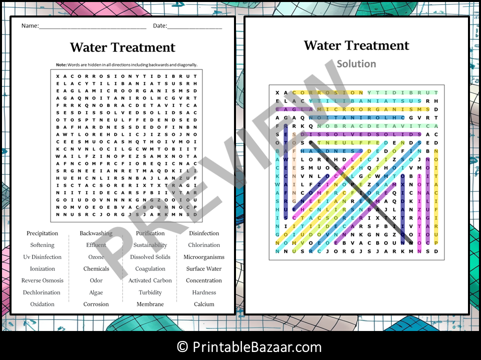 Water Treatment Word Search Puzzle Worksheet Activity Teaching Resources