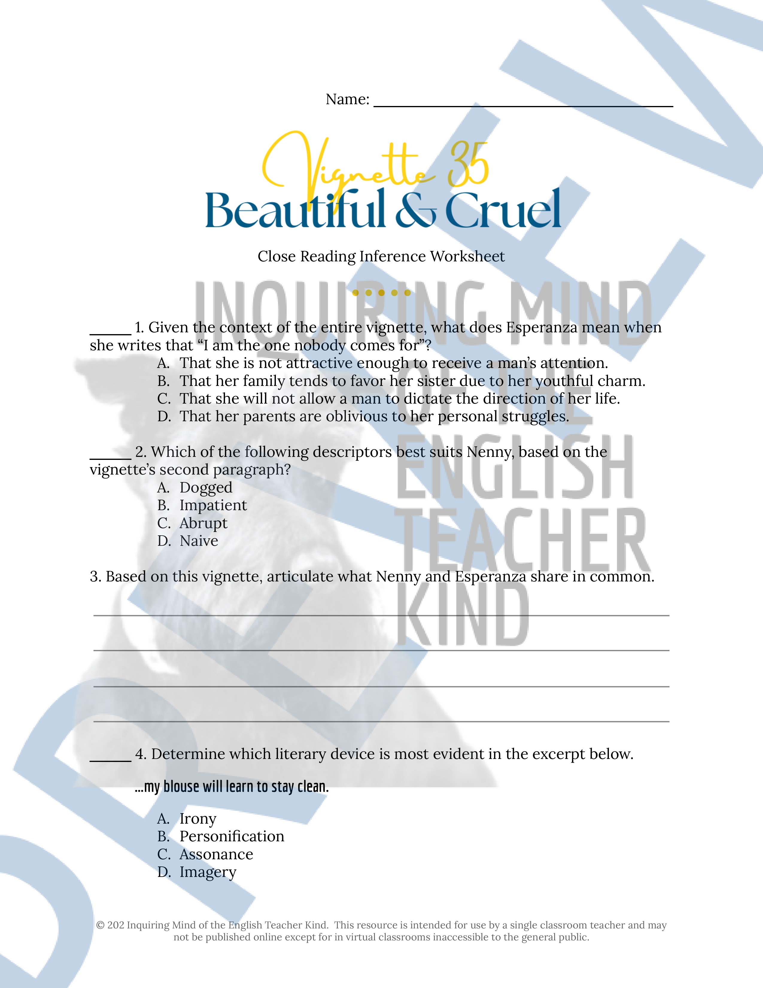 House on Mango Street Close Reading Analysis Worksheet | Beautiful and ...