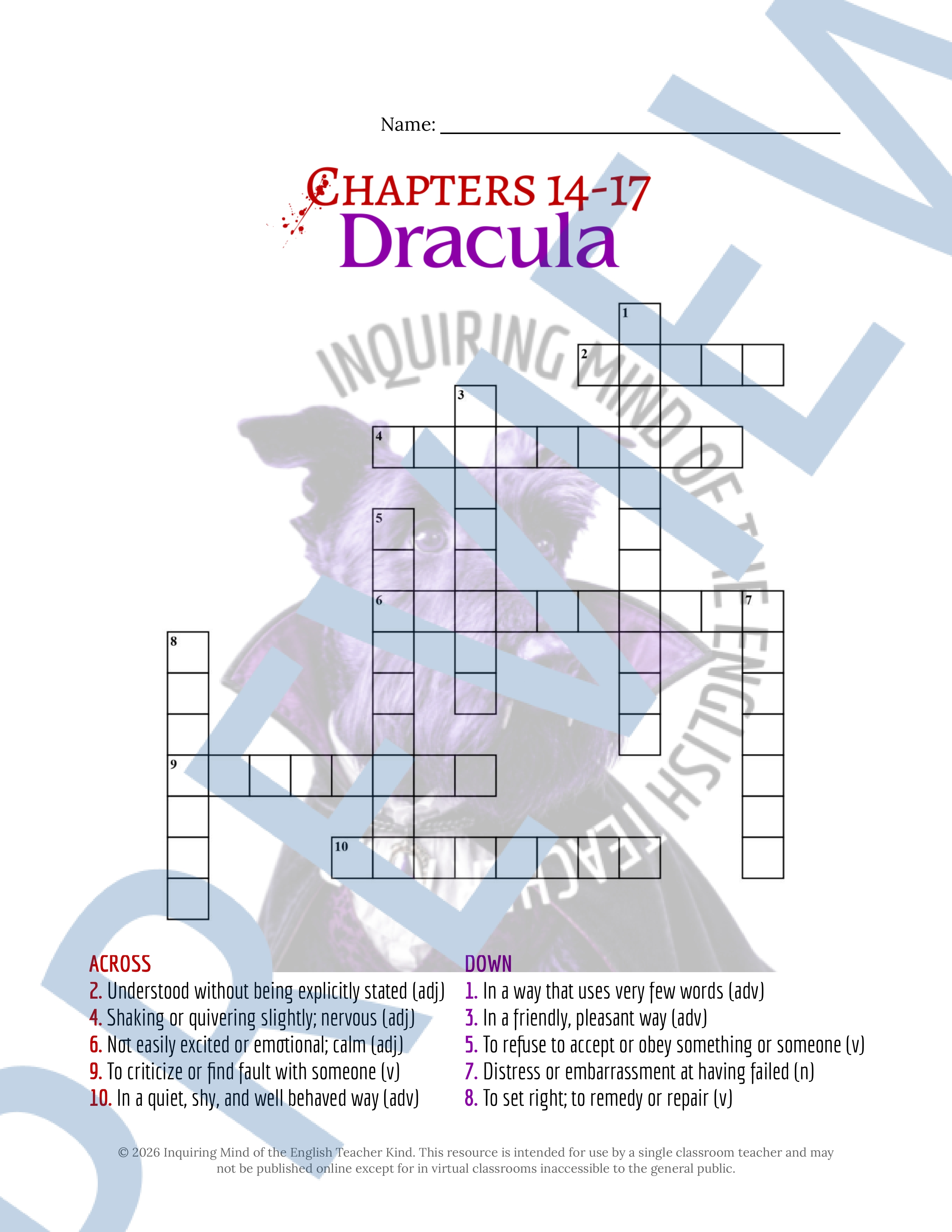 Dracula Chapters 14, 15, 16, and 17 Vocabulary Worksheet, Crossword ...