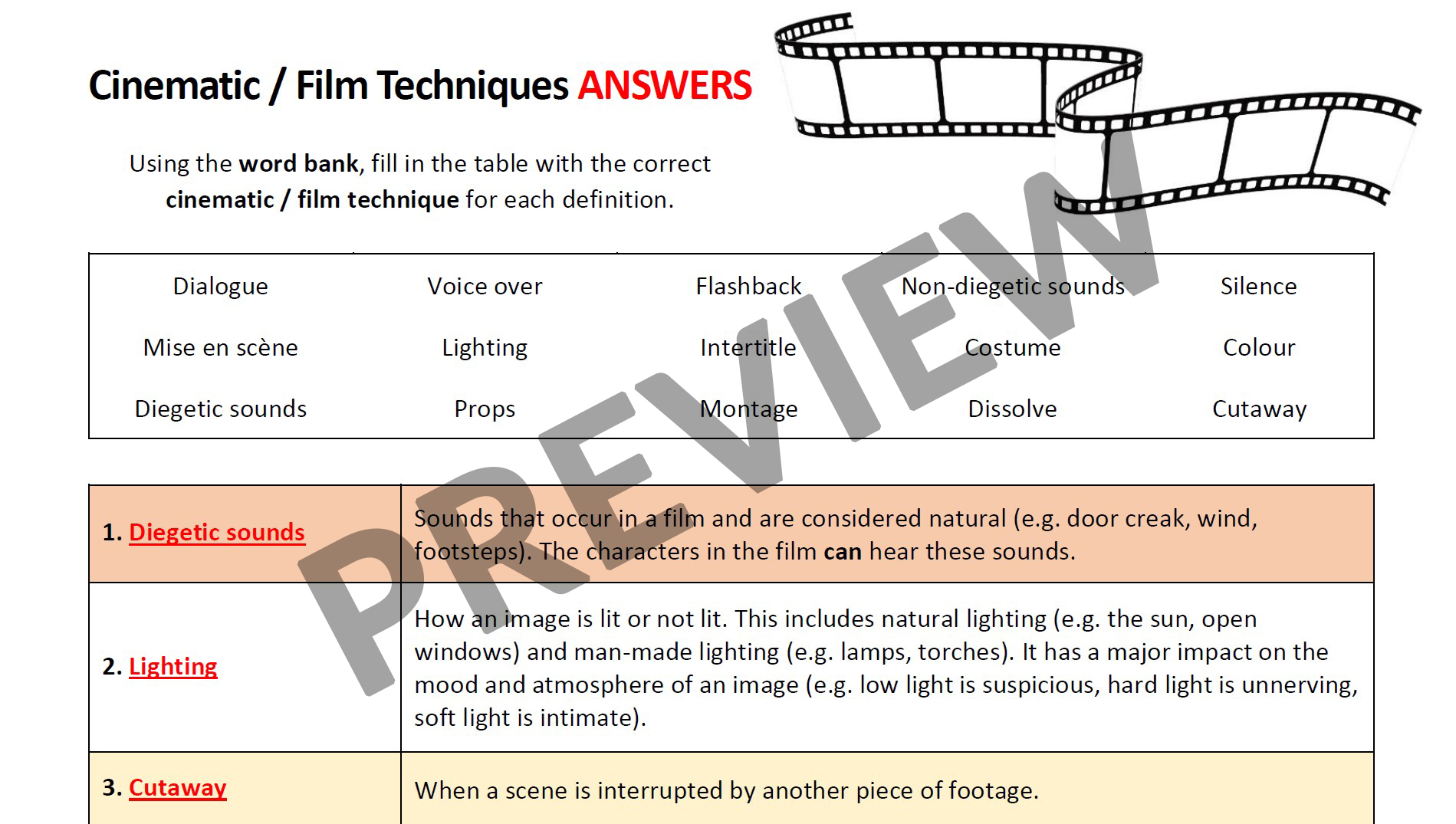Cinematic Film Techniques Worksheet | Teaching Resources
