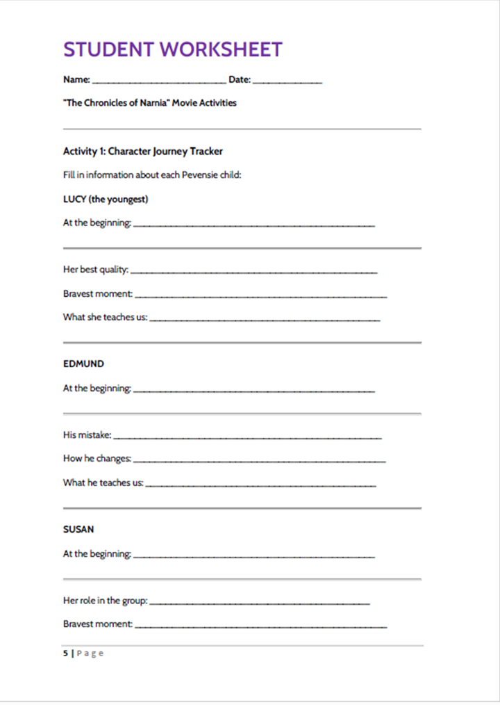 Narnia Movie Lesson Plan & Worksheets Bundle | Grades 3–5 | Teaching ...