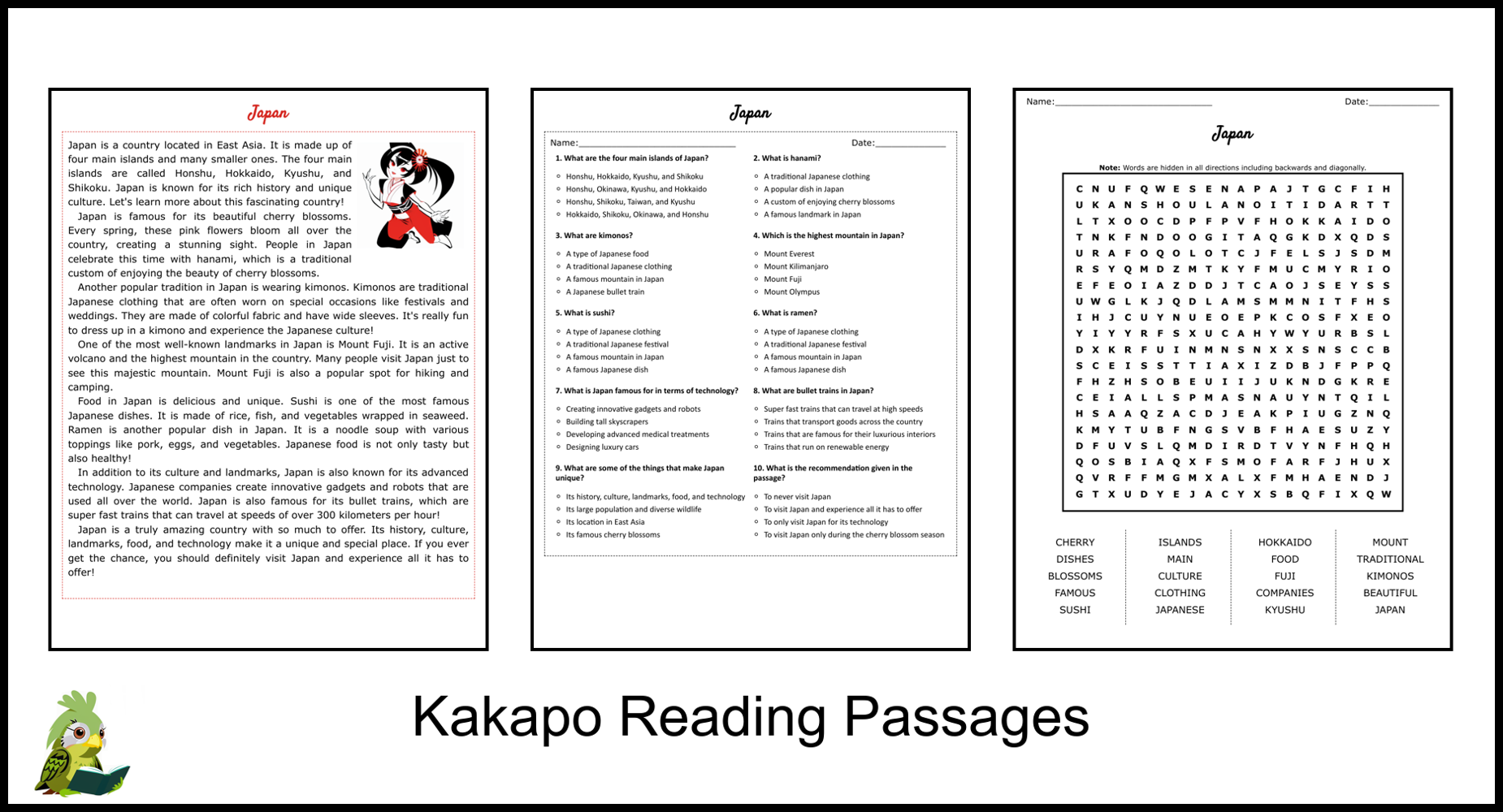 Japan Reading Comprehension and Word Search | Teaching Resources