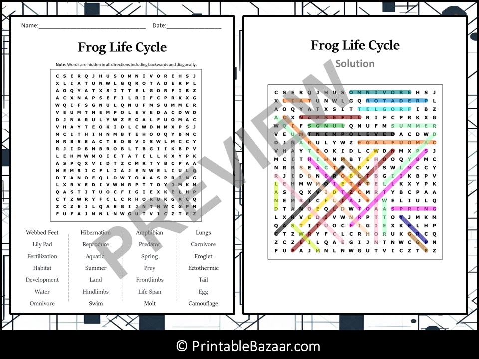 Frog Life Cycle Word Search Puzzle Worksheet Activity | Teaching Resources