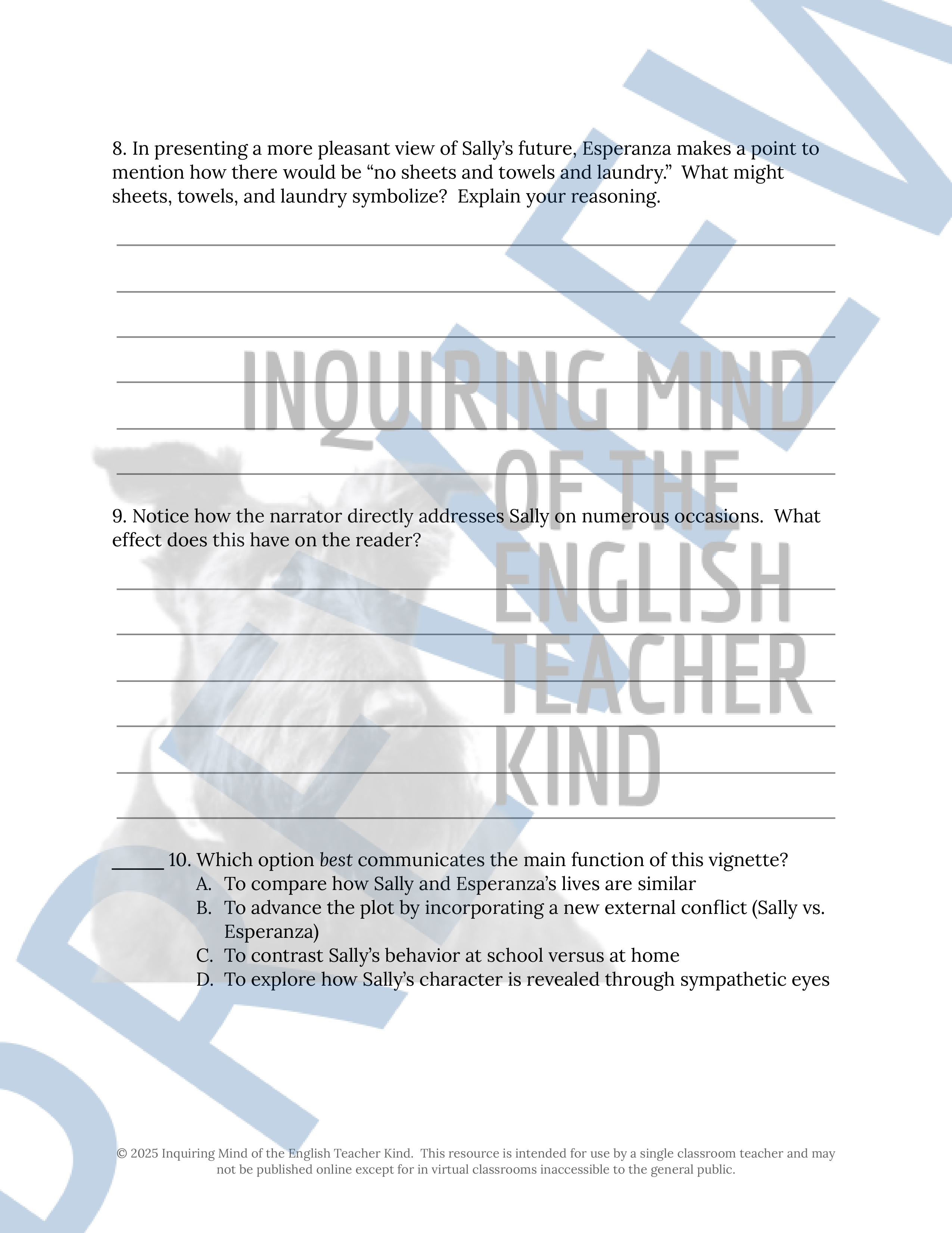 The House on Mango Street "Sally" Close Reading Inference Worksheet ...