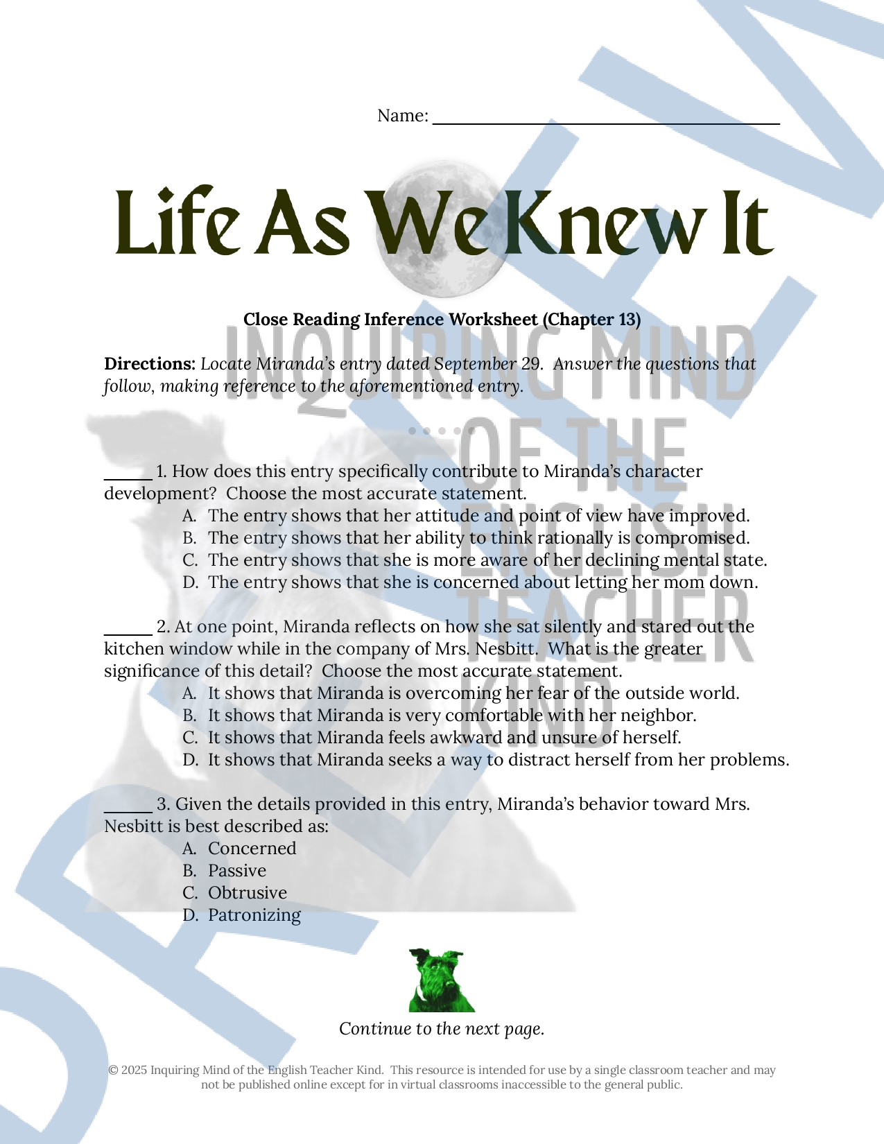 Life As We Knew It Chapter 13 Close Reading Inference Worksheet and ...