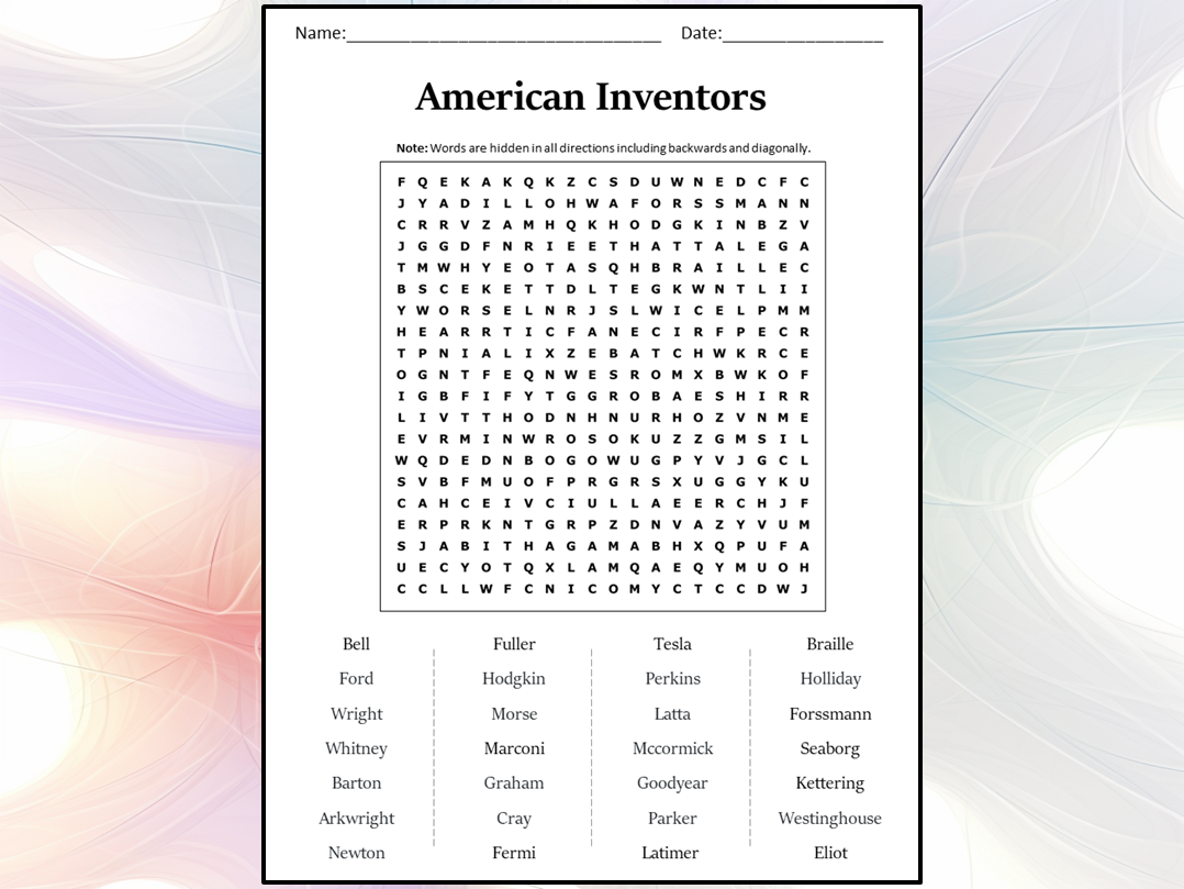 American Inventors Word Search Puzzle Worksheet Activity | Teaching ...