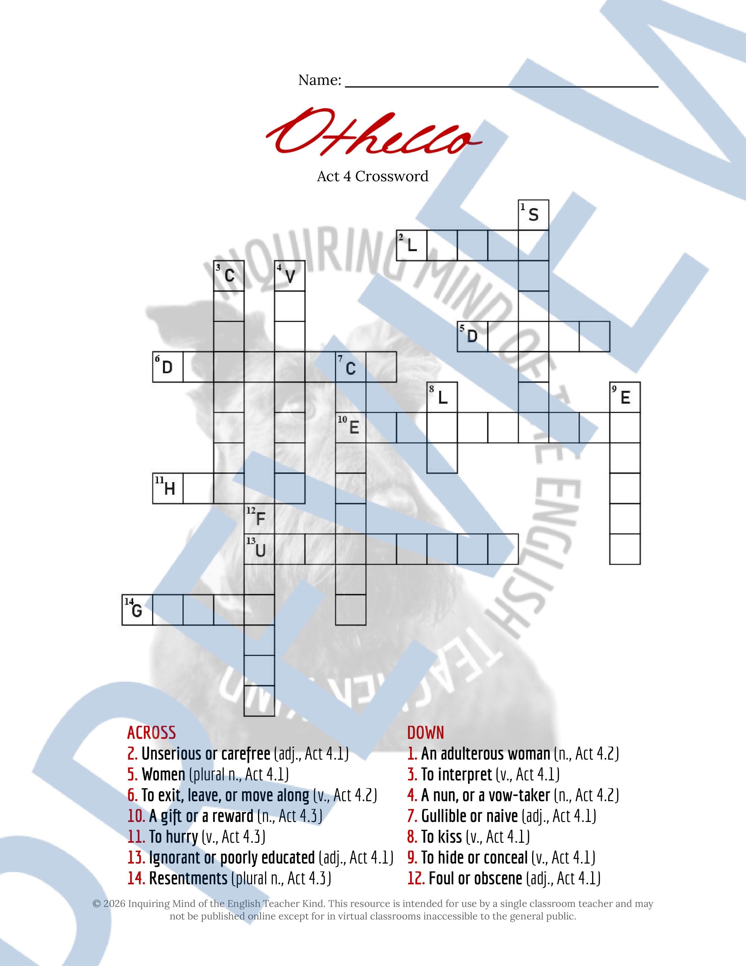 Shakespeare's Othello Act 4 Vocabulary Games | Crossword Puzzle | Word ...