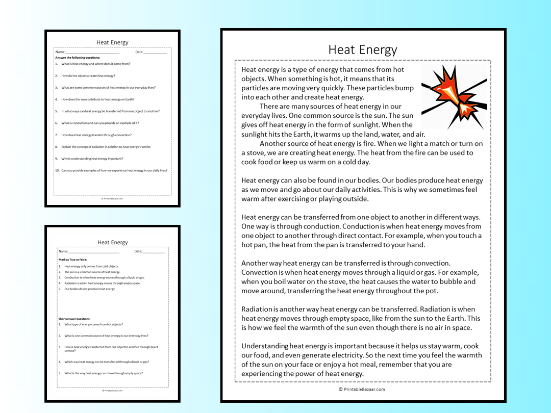 Heat Energy Reading Comprehension Passage Printable Worksheet ...