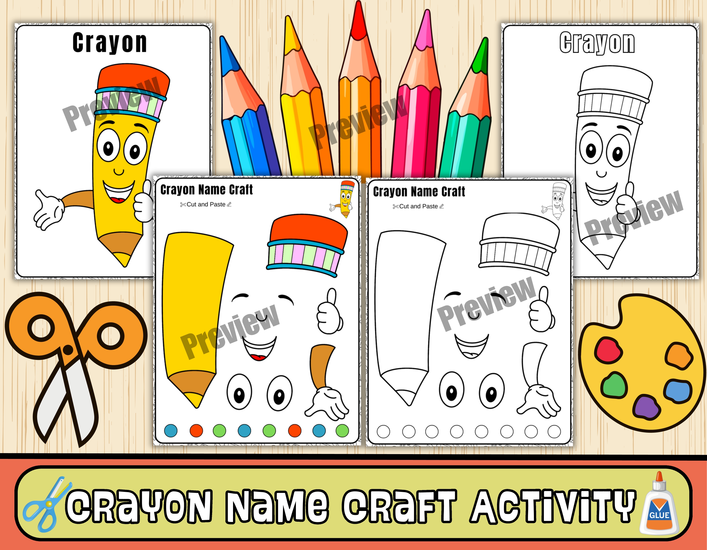 Crayon Name Craft Activity-Back to School Bulletin Board-Cut and Paste ...