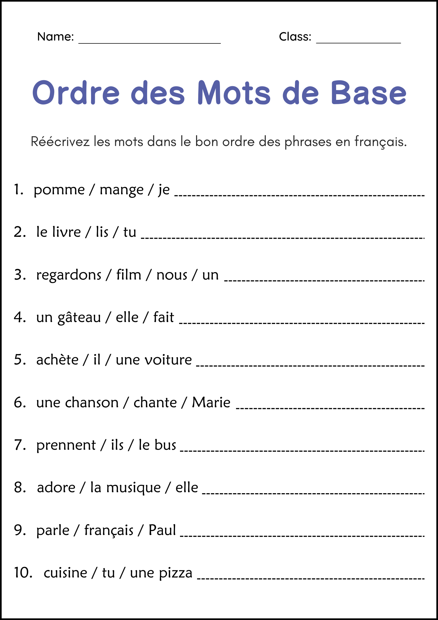 Structure de la Phrase - Sentence Structure Grammar Worksheets in ...