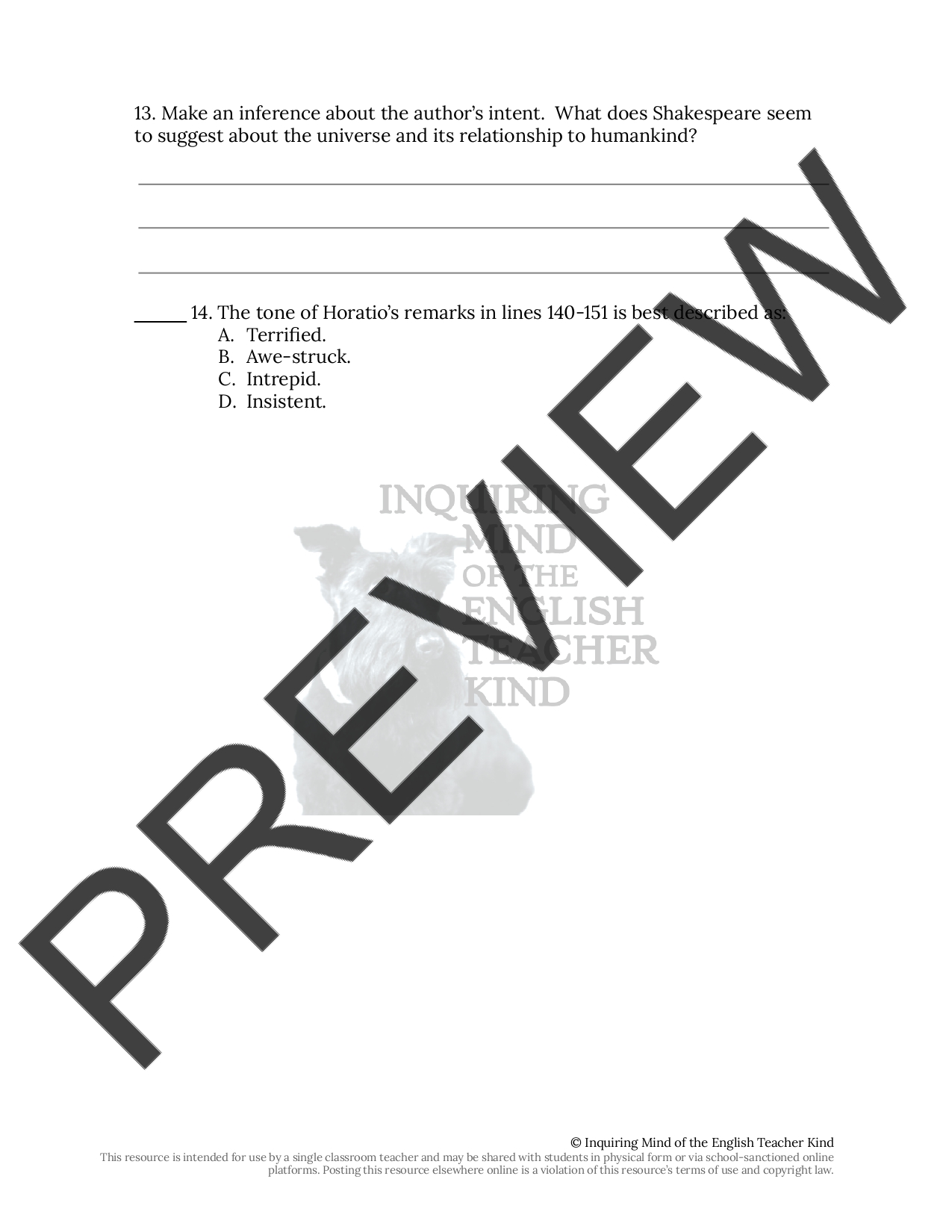 Hamlet Act 1 Scene 1 Close Reading Worksheet | Teaching Resources