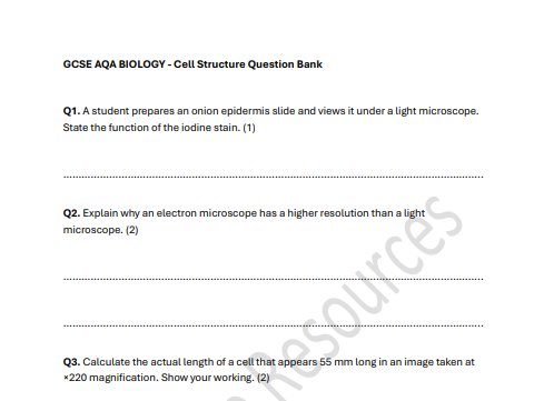 GCSE AQA BIOLOGY - CELL STRUCTURE QUESTIONS | Teaching Resources