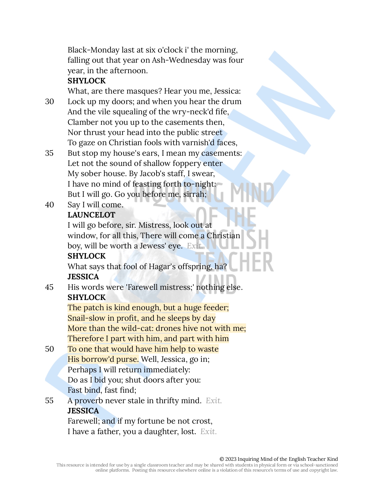 The Merchant of Venice Act 2 Scene 5 Close Reading Analysis Activity ...