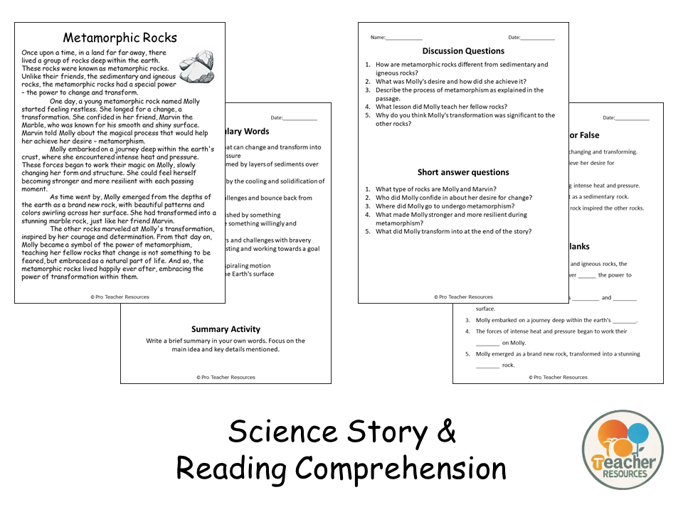 Metamorphic Rocks Reading Science Story Comprehension Questions ...