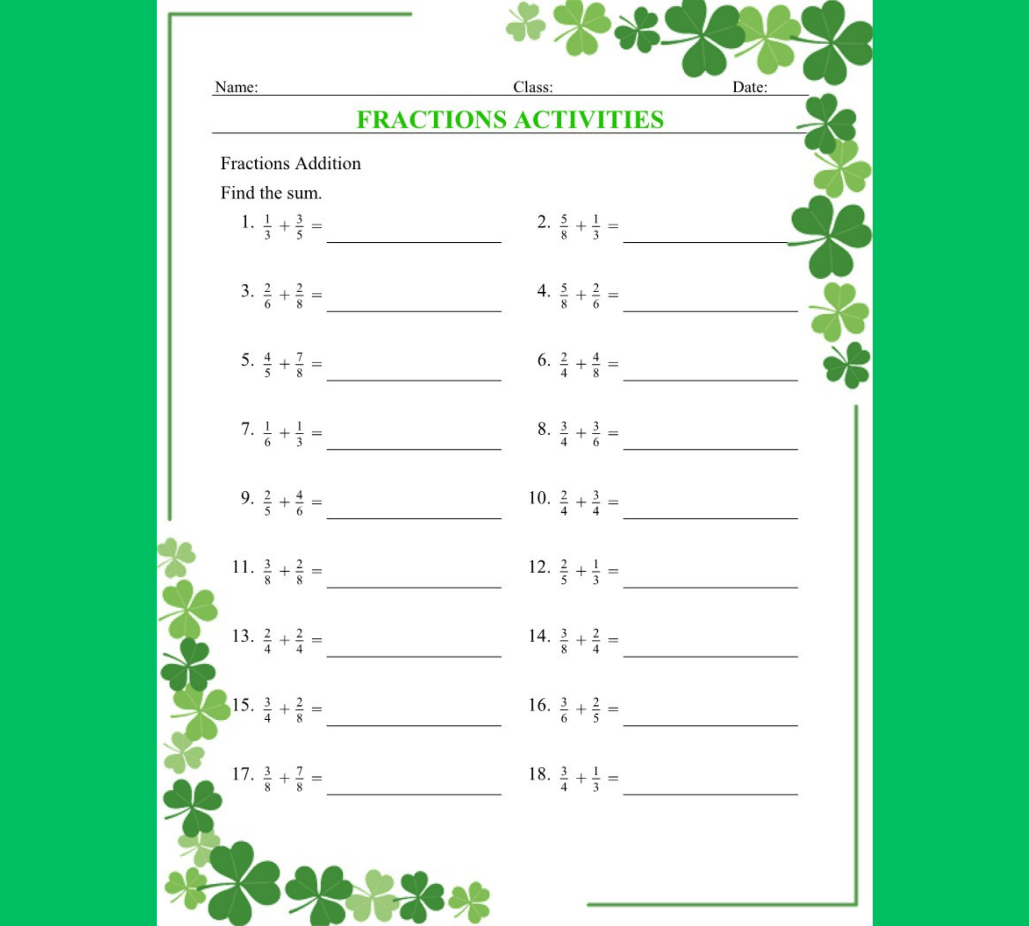 St. Patrick's Day Fractions Addition & Subtractions No Prep Worksheets ...