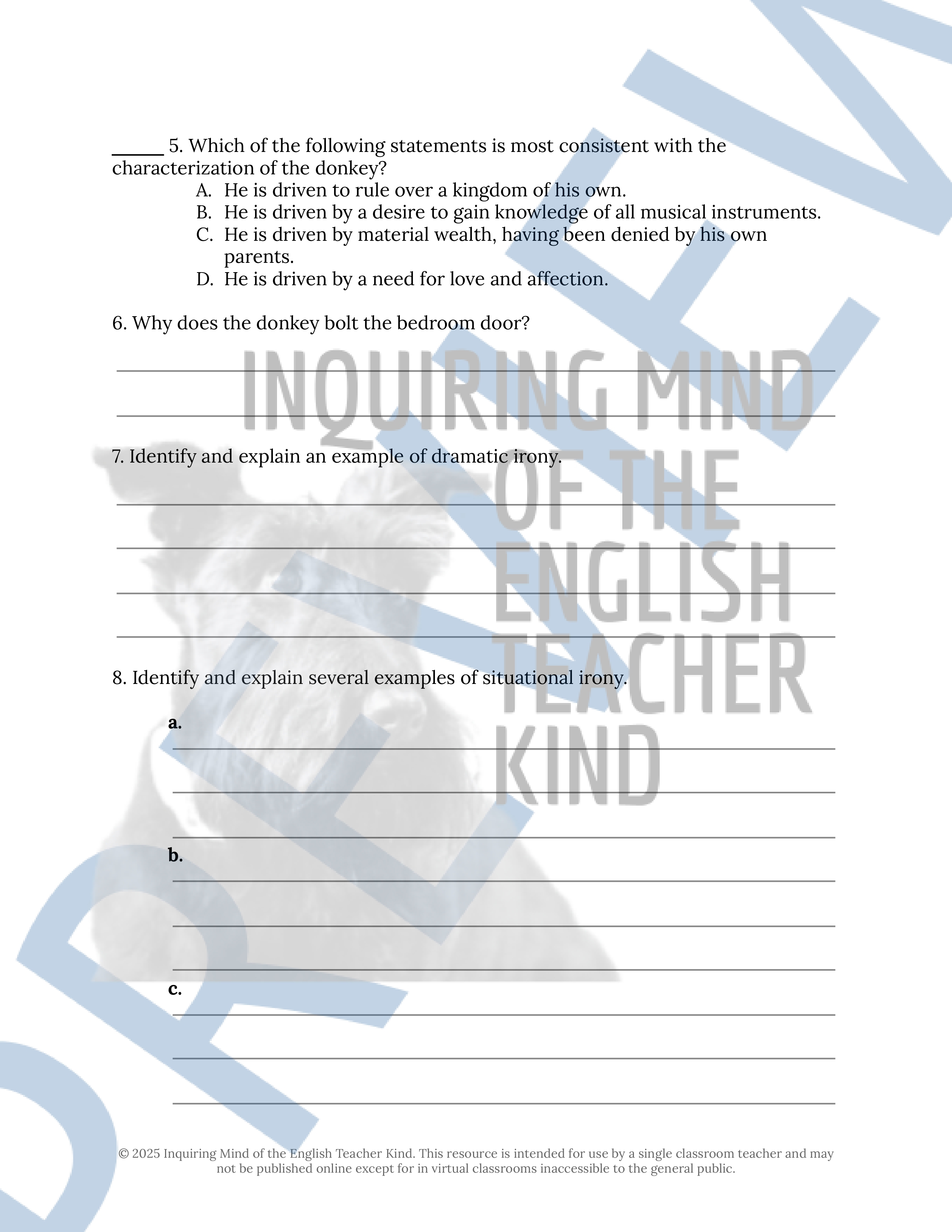 "The Donkey" Close Reading Analysis Worksheet | Grimm's Fairy Tale ...
