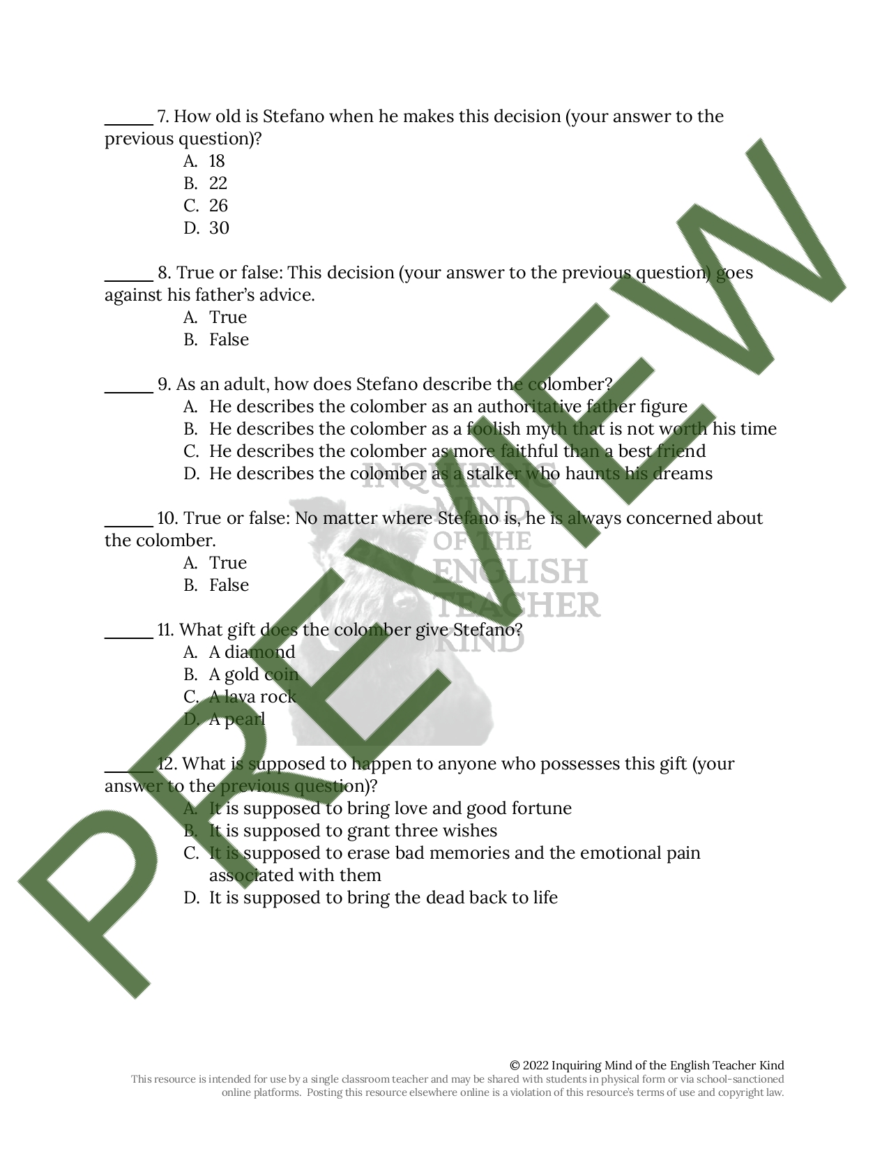 “The Colomber” by Dino Buzzati Quiz and Answer Key | Teaching Resources
